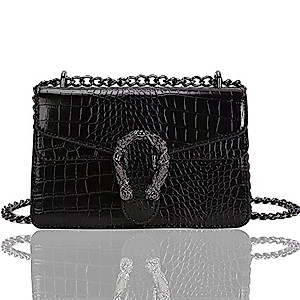 Chain Crossbody Shoulder Bags For Women-Snake Printed Leather Messenger Bag Evening Handbag Chain Strap Shoulder Satchel (Black)