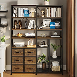 BTHFST Corner Bookshelf with 6 Fabric Drawers, Convertible Tall Bookcase 7 Tier, Industrial Book Shelf with Metal Frame, Wide Bookshelves for Living Room Home Office, Rustic Brown & Black