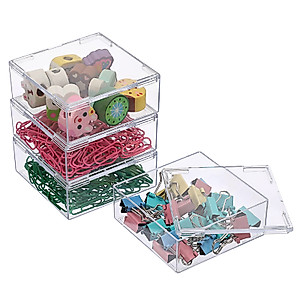 BTSKY Clear Plastic Small Storage Containers with Lid Mini Clear Boxes for Organizing Stackable Paper Clips Holder Multi-use Bead Organizers for Clips, Rhinestones, Hairpins and Candy, 4PCS Square