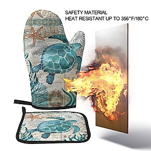 Marine Life Theme Sea Turtle Oven Mitts and Pot Holders Sets,Heat Resistant Non Slip Kitchen Gloves Hot Pads with Inner Cotton Layer Oven Gloves for Cooking BBQ Baking Grilling