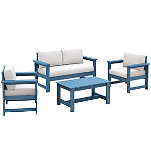 SERWALL 4 Pieces HDPE Outdoor Conversation Sofa Set with Cushions, Blue Frame and Khaki Cushion