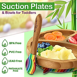 Nutrichef Baby and Toddler, 3 Compartment Plate, Bowl, Cup and Spoon Feeding Set- Silicon Suction, Non-toxic All Natural Bamboo Baby Food Plate (Stripe Set)