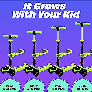 Kick Scooters for Kids Ages 3-5 (Suitable for 2-12 Year Old) Adjustable Height Foldable Scooter Removable Seat, 3 LED Light Wheels, Rear Brake, Wide Standing Board, Outdoor Activities for Boys/Girls