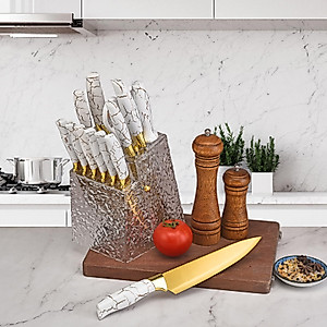 Kitchen Knife Set Non Stick Knives with Block, Serrated Steak Knife, Chef Knife, Bread Knife, Scissors, Sharpener, 14Pcs Stainless Steel Ultra-Sharp Cutlery Block Sets with Titanium Coated Blade