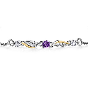 925 Sterling Silver and 10k Yellow Gold Purple Amethyst White Created Sapphire and White Lab Grown Diamond Tennis Bracelet For Women (0.30 Cttw, February Birthstone, Fully Adjustable Up to 9 Inch)