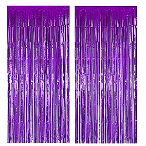 Muhome Purple Foil Fringe Curtain, 2PCS 3.28FT x 8.2FT Tinsel Door Curtains & 1 Masking Tape Purple Fringe Backdrop for Wedding Birthday Bachelorette Mardi Gras Carnival Party Decorations