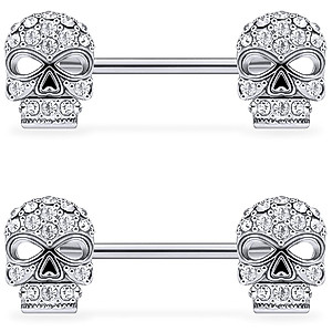 Lcolyoli 316L Stainless Steel Nipple Rings Barbell Crystal Skull Piercing Nipple Piercing Jewelry for Women Men Silver-tone