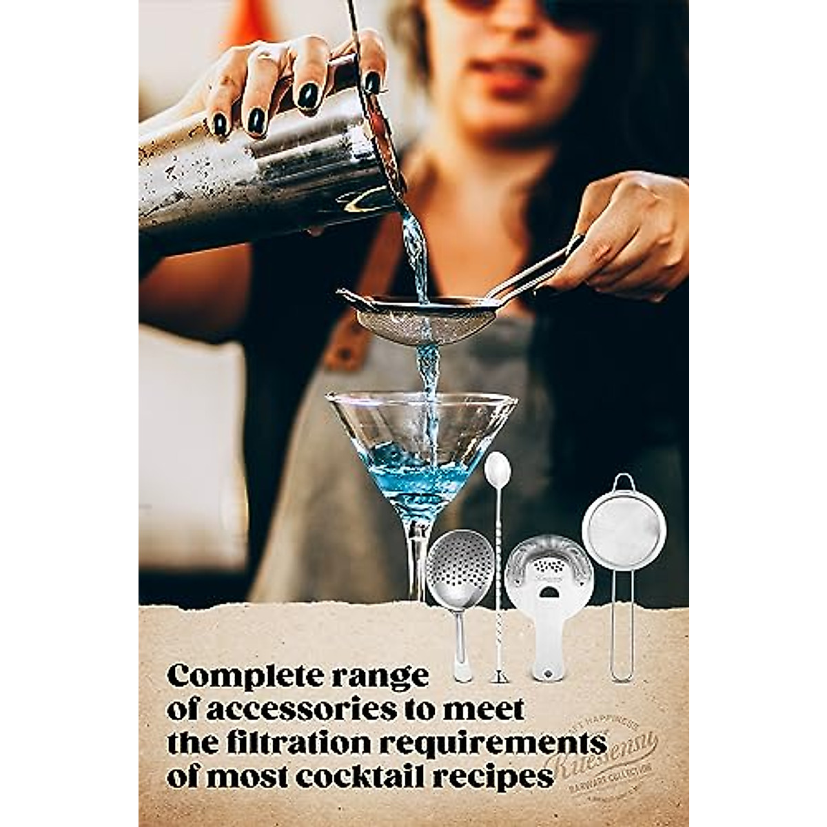 KITESSENSU Cocktail Strainer Set, 4 Pcs 18/8 Stainless Steel Bar Tools with Stirring Spoon- Hawthorne Strainer, Julep Strainer, Fine Mesh Strainer