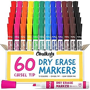 Chalkola Dry Erase Markers Bulk Pack of 60 (12 Vibrant Colors), Chisel Tip White Board Markers Dry Erase Pens - Whiteboard Markers for Kids, Home, Office Supplies, Back to School Supplies