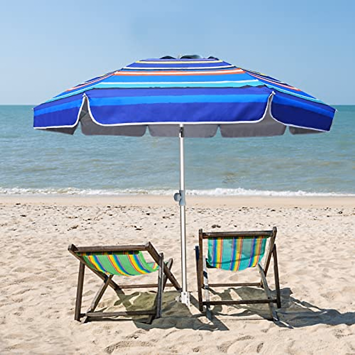 AMMSUN 7ft Heavy Duty High Wind Beach Umbrella with Sand Anchor & Tilt Sun Shelter UV 50+ Protection Outdoor Sunshade Umbrellas Carry Bag for Patio Garden Pool Backyard Multicolor Stripe