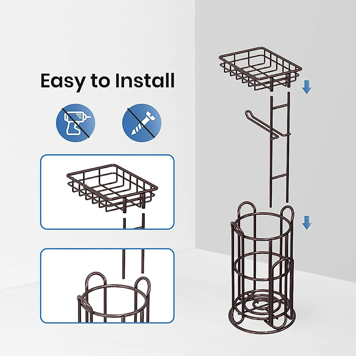 Toilet Paper Holder Free Standing with Shelf Bathroom Magazine Holder Bath Tissue Roll Holder for Mega Rolls/Phone/Wipe-Bronze