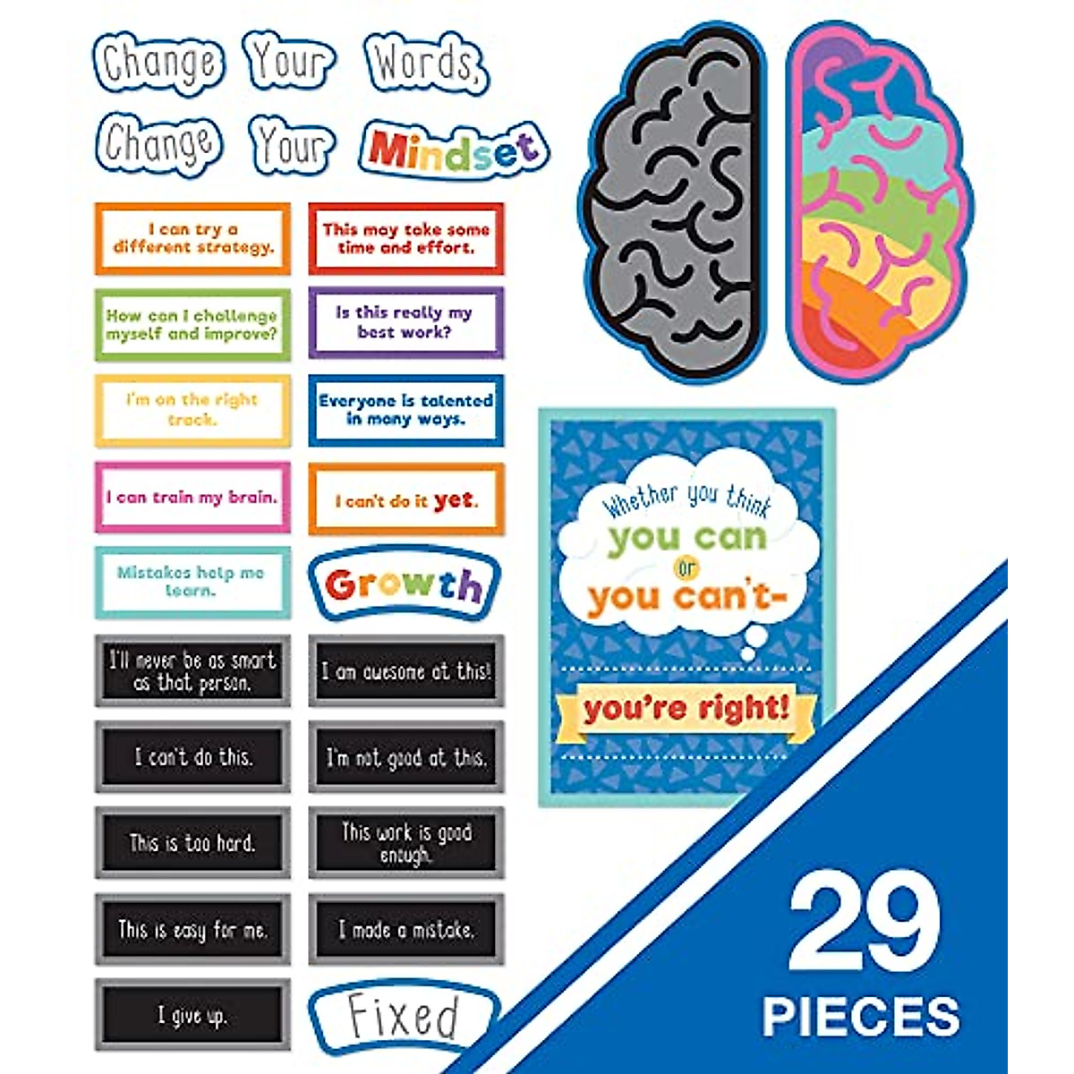 Carson Dellosa 29-Piece Growth Mindset Bulletin Board Set―Motivational Poster, Change Your Words Header, Fixed and Growth Brain With Mindset Phrases, Growth Mindset Bulletin Board Decorations