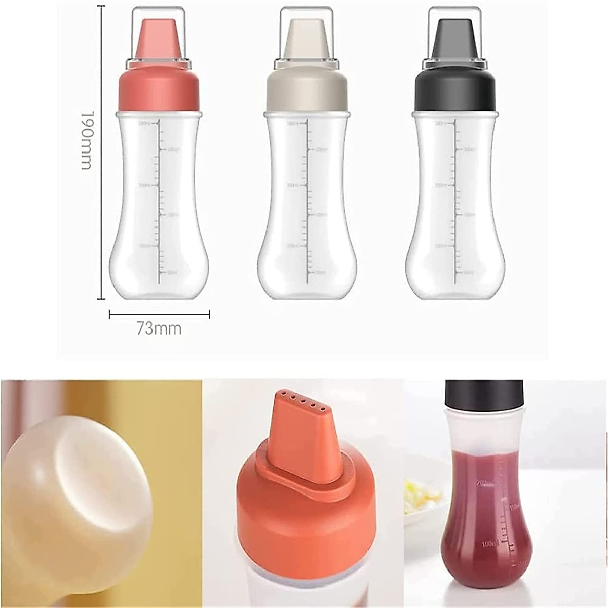 TOKLYUIE Condiment Squeeze Spray Bottles, 3 Pcs Measurable Condiment Squeeze Bottles, 350ml with Dust-proof Cover Porous Squeeze Sauce Bottle, Kitchen Ketchup Salad Bottle, Sauce Bottle (Multicolor)