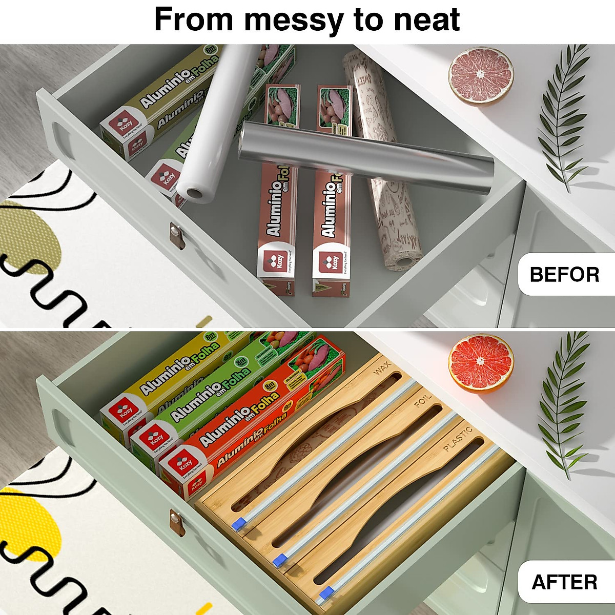 Foil and Plastic Wrap Organizer , 3 in 1 Plastic Wrap Dispenser with Cutter for Kitchen Drawer , Bamboo Roll Organizer Holder for Aluminum Foil and Wax Paper , Compatible with 12" Roll (Bamboo)