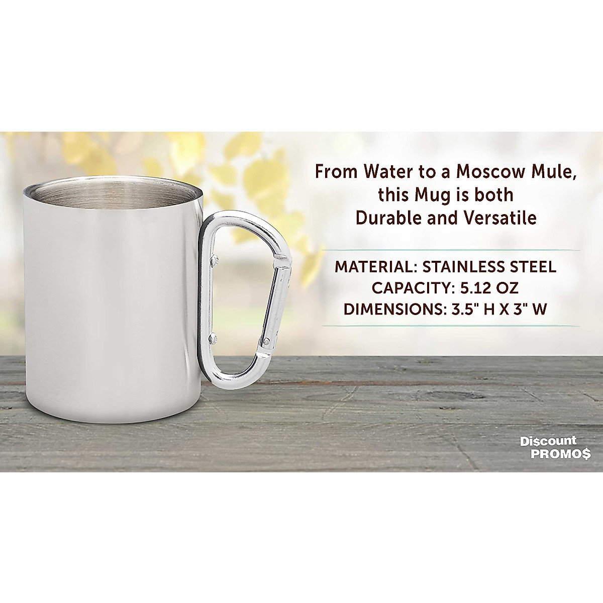 DISCOUNT PROMOS Stainless Steel Mugs with Carabiner Handle 10 oz. Set of 10, Bulk Pack - Perfect for Coffee, Soda, Other Hot & Cold Beverages - Silver