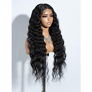 Joedir Lace Front Wigs 30" Long Wavy Synthetic Wig 4.5" Deep Part HD Transparent Lace With Baby Hair For Women 130% Density Wigs(Black Color)