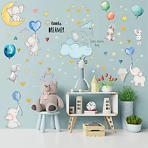 3Sets Cartoon Elephant Rabbit Wall Decals, HOLENGS Cute Balloons Flying Animals Wall Stickers, Stars Removable DIY Wall Decor for Kids Girls Baby Bedroom Classroom Nursery Home Decoration