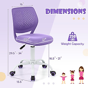 LUARANE Kids Desk Chair, Adjustable Swivel Chair for Children, Armless Mesh Task Study Chair with Lumbar Support, Adjustable Height, Universal Wheels, Rolling Computer Chair for Bedroom, Office
