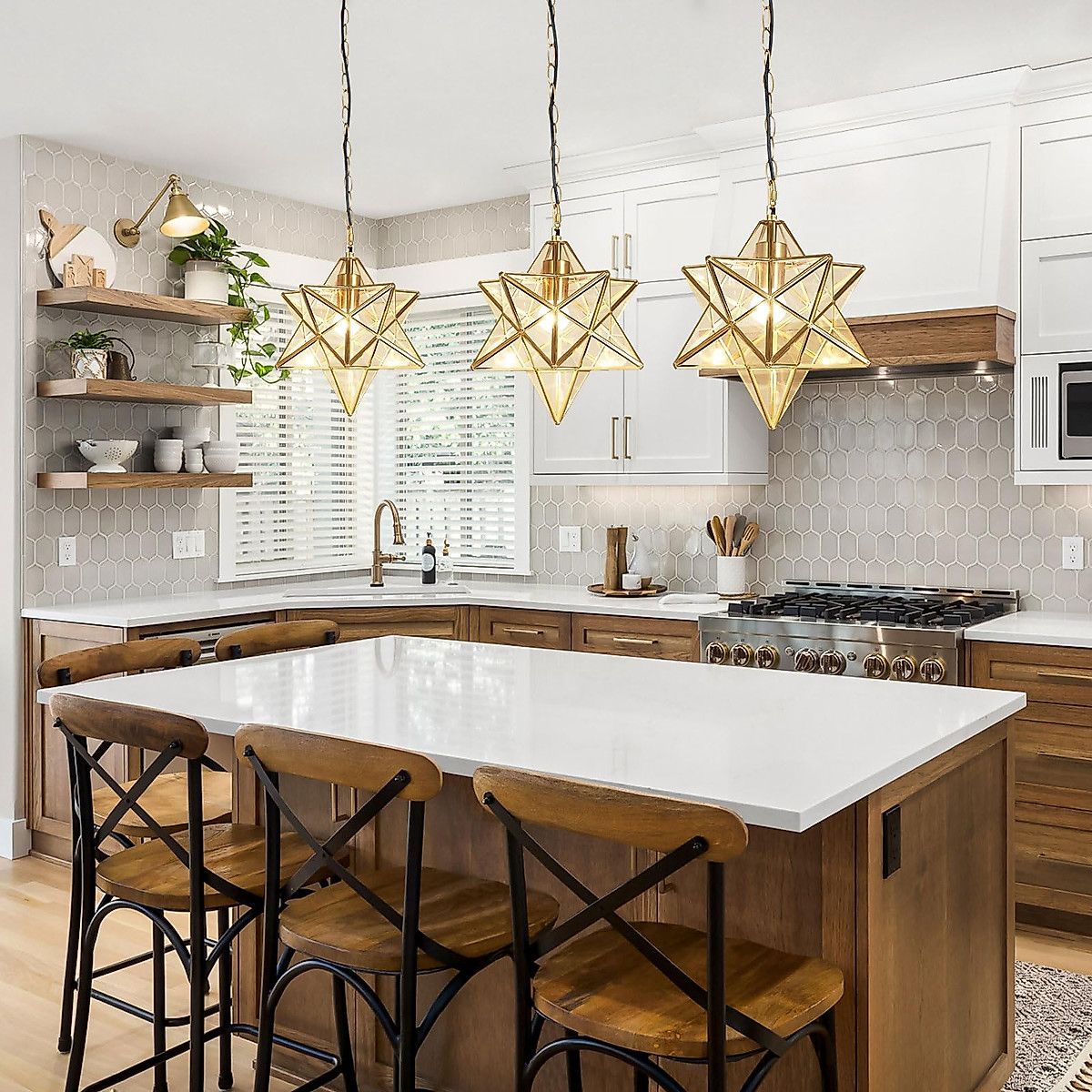 IBalody Moravian Star Pendant Light Gold Copper Hanging Light Star Lights Fixture Dining Room Kitchen Island Pendant Lighting Pendant Lamp 11 in with Clear Glass Shade