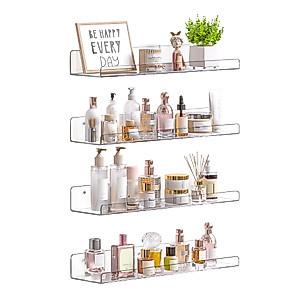 upsimples Clear Acrylic Shelves for Wall Storage, 15" Acrylic Floating Shelves Wall Mounted, Kids Bookshelf, Display Ledge Wall Shelves for Bedroom, Living Room, Bathroom, Kitchen, Set of 4