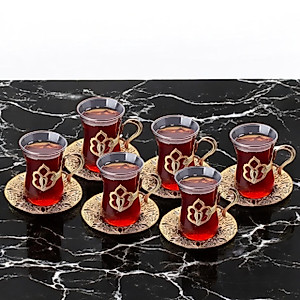 LaModaHome Vintage Handmade Turkish Tea Glasses with Saucer and Holders, Ottoman and Arabic Cups Set of 6 for Serving Guests, Teatime, Dinner, Housewarming Gifts, Events, Parties, Tableware - Gold