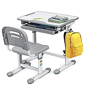 BABY JOY Kids Desk and Chair Set, Height Adjustable Child Desk Set w/Tilt Desktop, Pull Out Drawer Storage, Metal Hook, Multifunctional School Student Study Desk Chair for Boys & Girls (Grey)