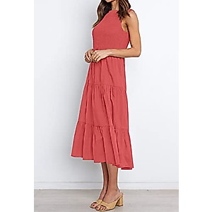 ZESICA Women's 2023 Summer Casual Sleeveless Crew Neck Smocked High Waist Flowy Tiered A Line Midi Dress,Watermelon,Medium