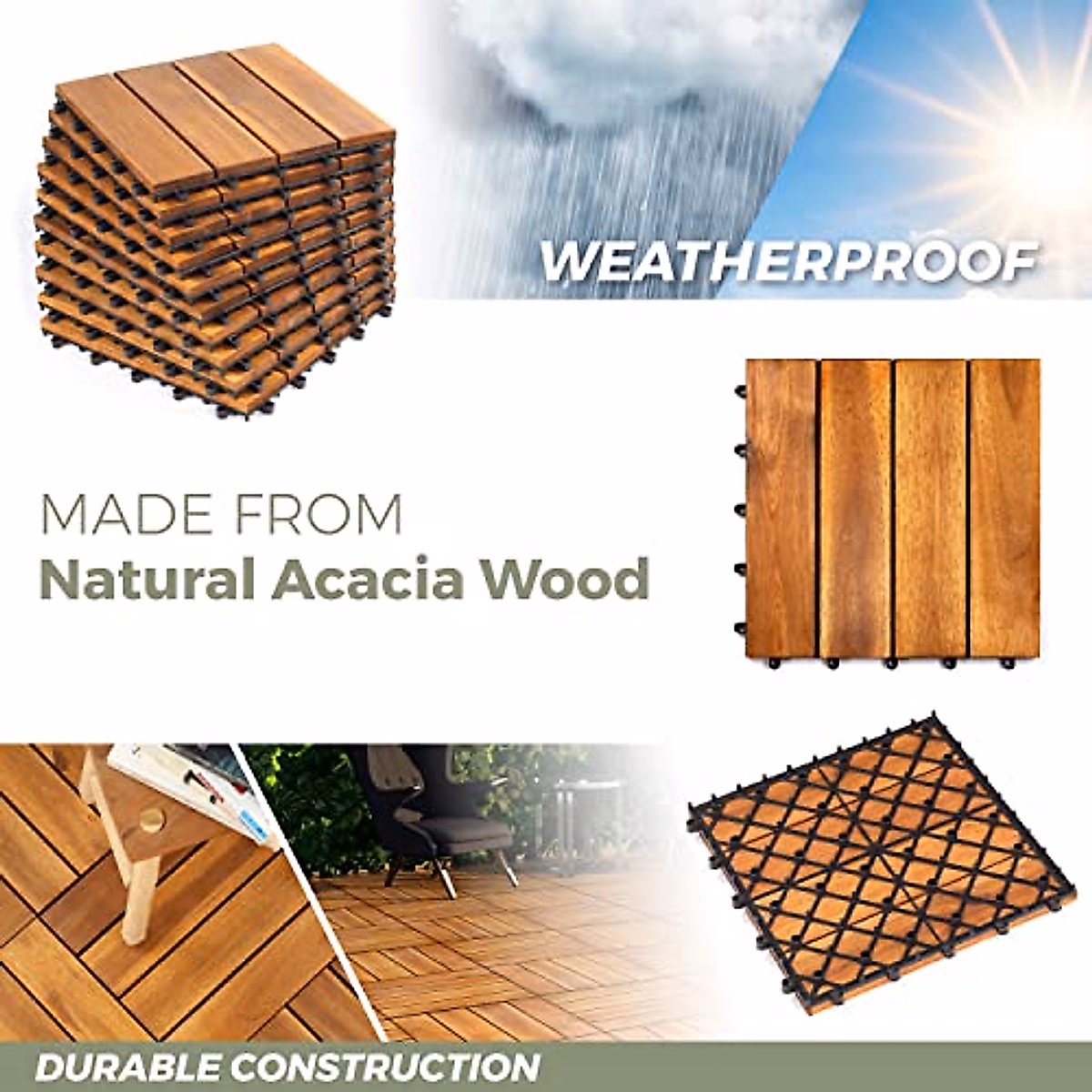 Interlocking Acacia Hardwood Deck Tile (Pack of 10, 12"x12") - Patio Tile With Solid Wooden Oiled Finish, Waterproof All Weather (12x12x0.85 Inch, 4 Slat on Each)