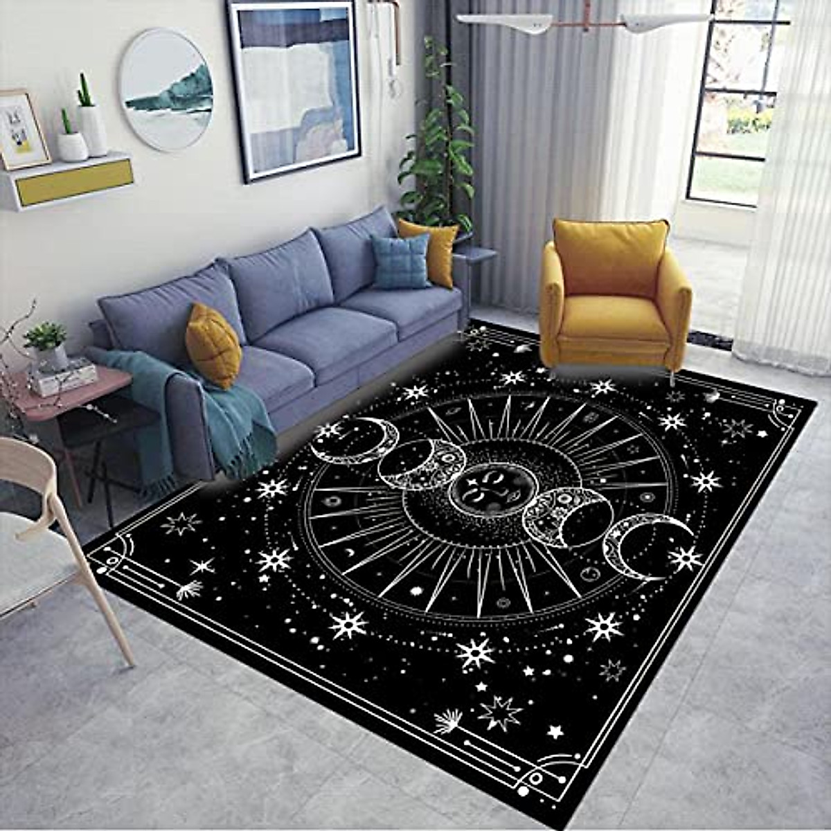LGGQQW Sun and Moon Area Rugs Black and White Stars Space Carpets Astrology Zodiac rugsfor Bedroom Teen Girl Psychedelic Aesthetic Rugs
