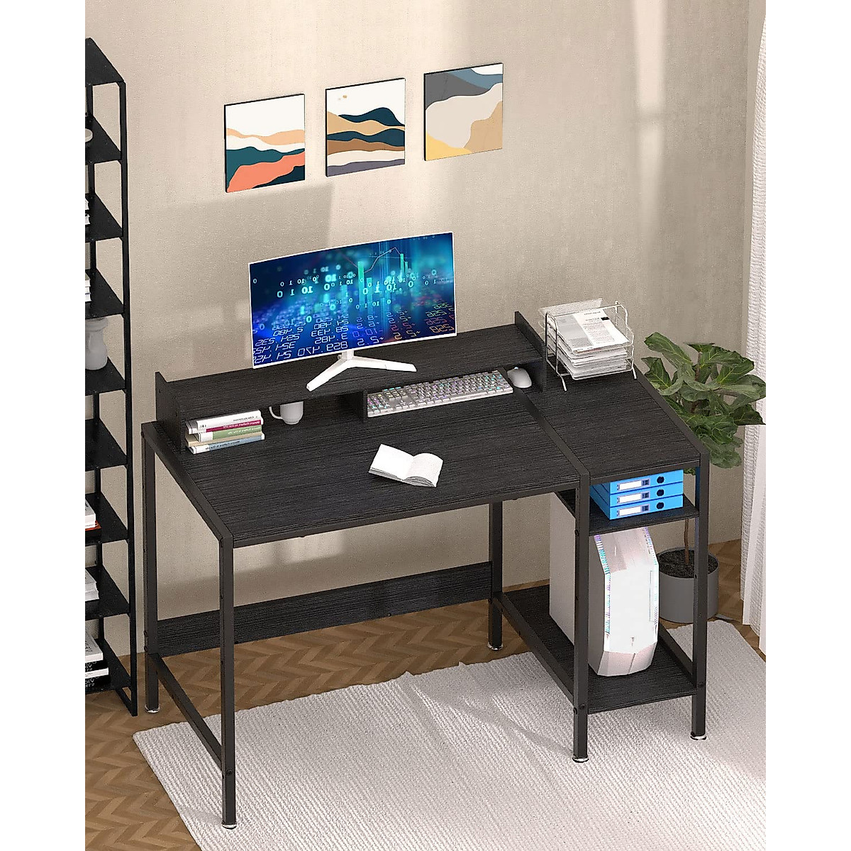 MINOSYS Computer Desk - 47” Gaming Desk, Home Office Desk with Storage, Small Desk with Monitor Stand, Storage Space-Savor, Modern Table, Black.