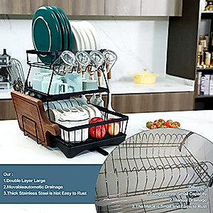Decmerry 3-Tier Dish Drying Rack with Drainboard, Metal Dish Drainers Rack for Kitchen Counter with Cutlery Rack and Cup Holders, Large Capacity Dish Organizer Shelf（Black）