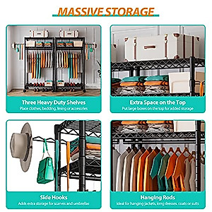 PUNION Heavy Duty Rolling Garment Rack,Portable Clothes Rack for Hanging Clothes,Clothing Rack,Wardrobe Storage Rack with 3 Shelves,1 Hang Rod,1 Side Hook,36" Lx18 Wx71 H, Max Load 500LBS, Black,GR1