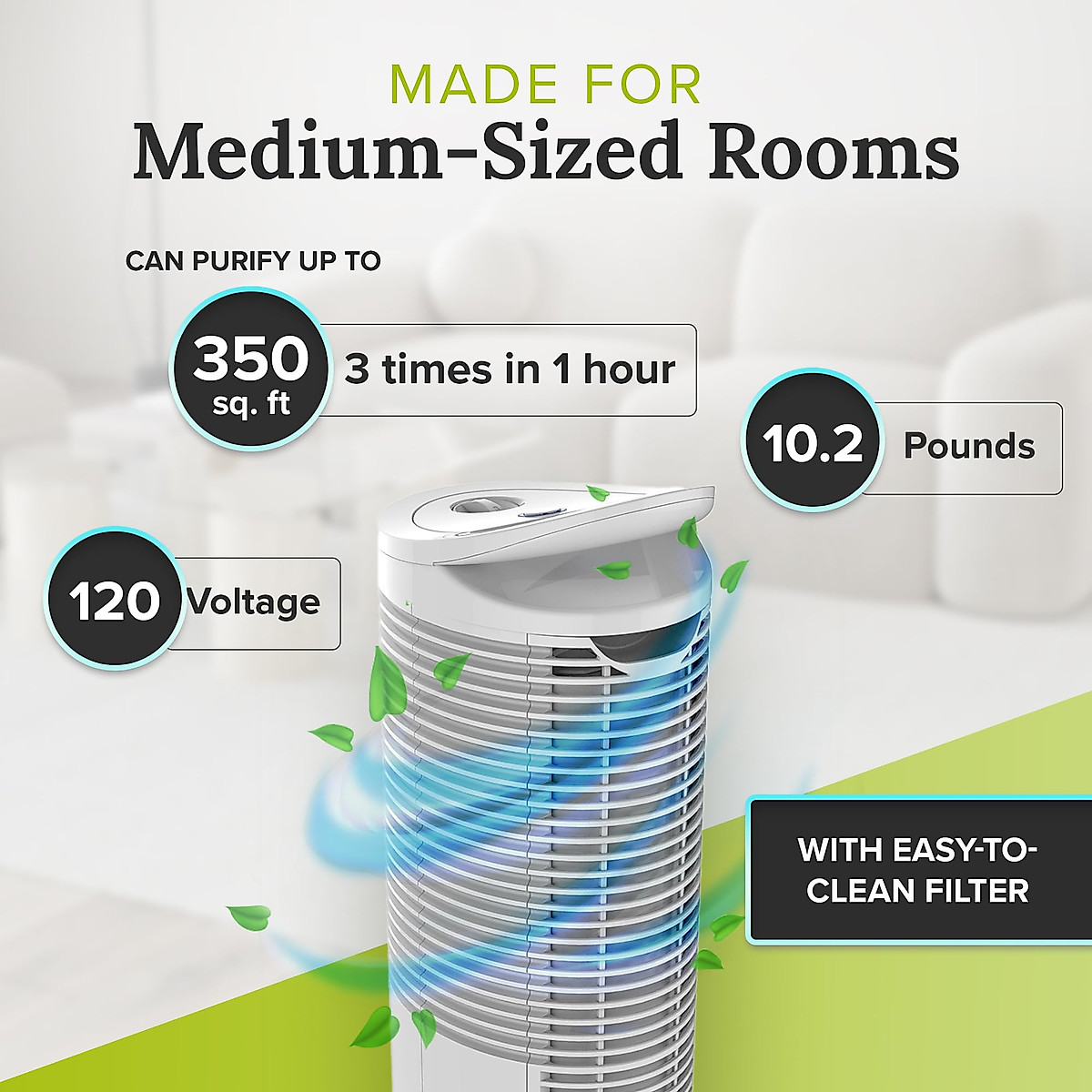 ENVION Therapure Medium/Large Room Home HEPA Air Purifier with Neutralizing Light Technology, Cleanable Air Filter, Analog Controls, & 3 Fan Speeds