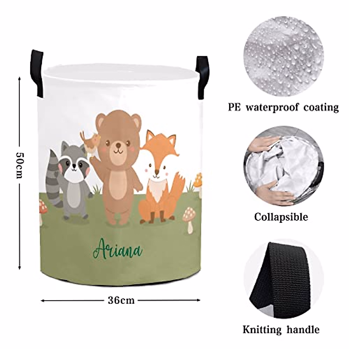Woodland Animals Personalized Laundry Hamper Basket with Handle for Clothes Waterproof , Custom Collapsible Drawstring Basket Storage Foldable for Bathroom Toy
