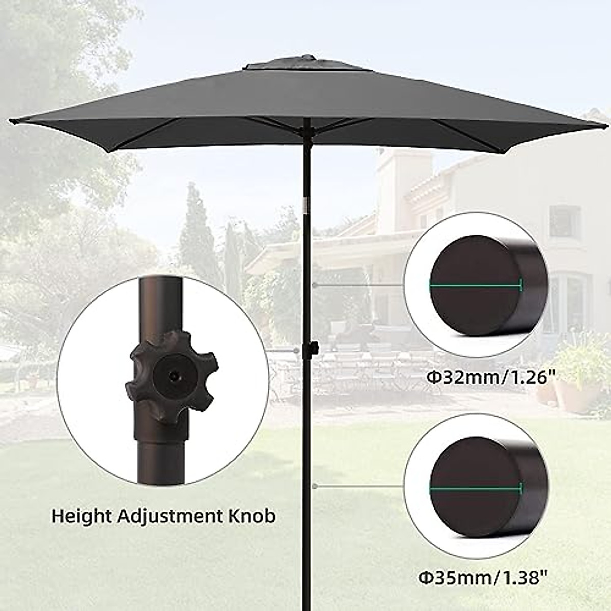 AMMSUN 6.5 x 4.5ft Rectangular Patio Umbrella Outdoor Table Umbrella Steel Pole and Fiberglass Ribs, Grey
