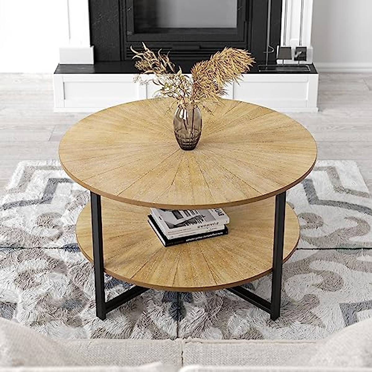 3imothrix Round Wood Coffee Table, Coffee Table with Storage Open Shelf, 31.49 inch 2 Tier Solid Wood Veneer Circle Coffee Table for Living Room (Coffee Table)