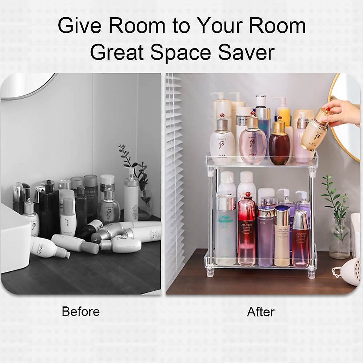 Elebac Bathroom Organizer Countertop Storage 2-Tier Acrylic Vanity Tray, Sink Counter Dresser Makeup Organizer for Cosmetic Skincare Lotion Perfume, Multi-Functional Anti-Slip Organizer for Bathroom