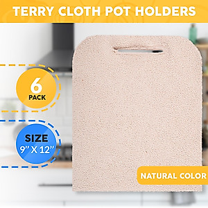 ABC Terry Cloth Pot Holders for Kitchen 9 x 12 Inch. Pack of 6 Natural Color Hot Pads for Kitchen. Washable Pot Holder with Hand Hole. Thick Cotton 460 F Heat Resistant Pot Holders