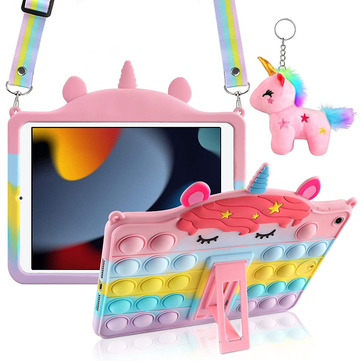 WESADN for iPad 10.2 Case iPad 9th 8th 7th Generation Case with Kickstand Lanyard Keychain Silicone Fidget Bubble Case for Girls Women Cute Rainbow Pop Protective Tablet Cover for iPad 2021 2020 2019