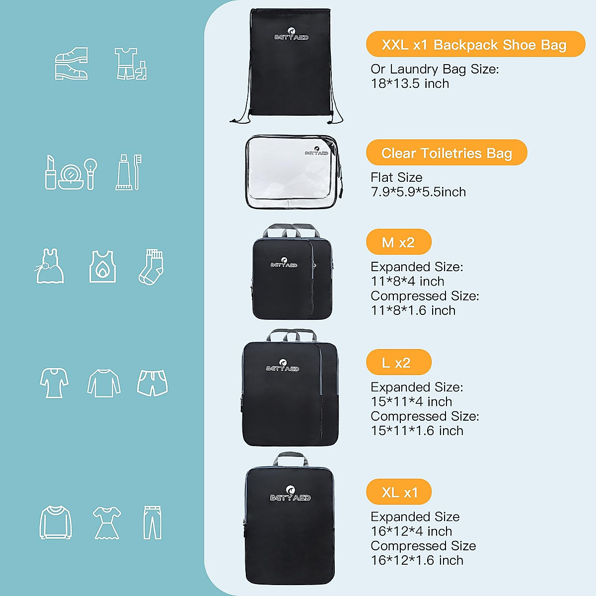 7 Set Travel Packing Organizers Compression Cubes for Suitcases Storage Bags for Compression Carry-on Easy Organizing of Travel Essentials BGTYAED