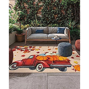 Outdoor Area Rug for Patio,Thanksgiving Maple Leaves Pumpkin on Farm Truck Camping Rugs Indoor Large Floor Mat 4x6ft,​Fall View Vintage Linen Outside Carpet for Deck RV Picnic Porch Backyard Bedroom
