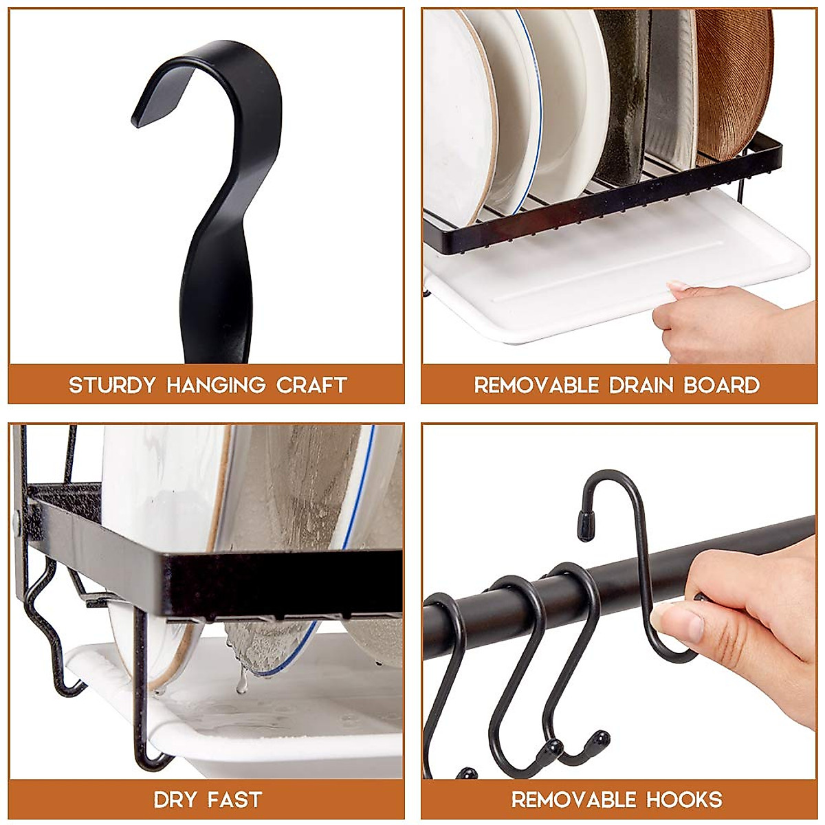 EZOWare Kitchen Wall Mount Utensil Holder Organizer Set, 23.6 ich Hanging Rail Rod, Foldable Dish Rack with Drain Board and 5 S Hooks for Hanging Plates, Pots, Pans, Lids, Utensils - Black