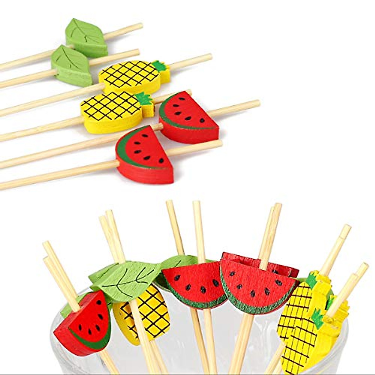 Minisland Mix-colored Fruits Watermelon Pineapple Leaf Cocktail Toothpicks 4.7 Inch Long Bamboo Skewers for Appetizers Drinks Hawaiian Party Food Picks 100 Counts- MSL115