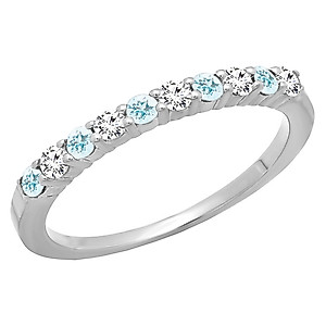Dazzlingrock Collection 2mm Alternate Round Aquamarine & White Diamond Stackable Wedding Band for Women in 14K White Gold, Size 8