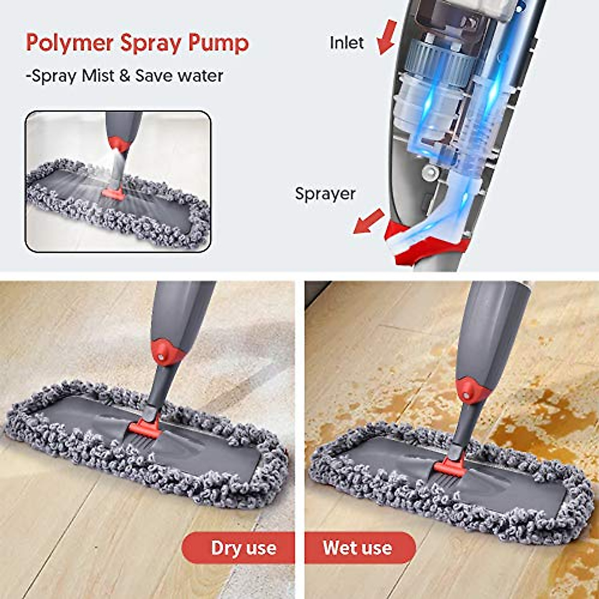 Spray Mop for Floor Cleaning, Domi-patrol Microfiber Floor Mop Dry Wet Mop Spray with 3 Washable Mop Pads & 635ML Refillable Bottle, Dust Cleaning Mop for Hardwood Laminate Tile Floors, Gray