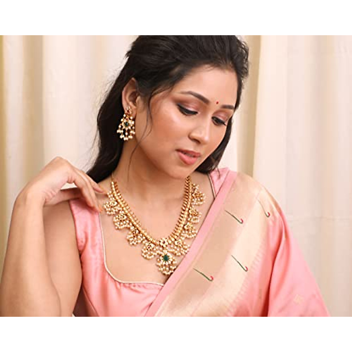 TARINIKA Gold-plated Brass Premal Antique Indian Jewelry Necklace Set for Women | Indian traditional | 1-Year Warranty | CZ Stones(White,Red,Green), Metal