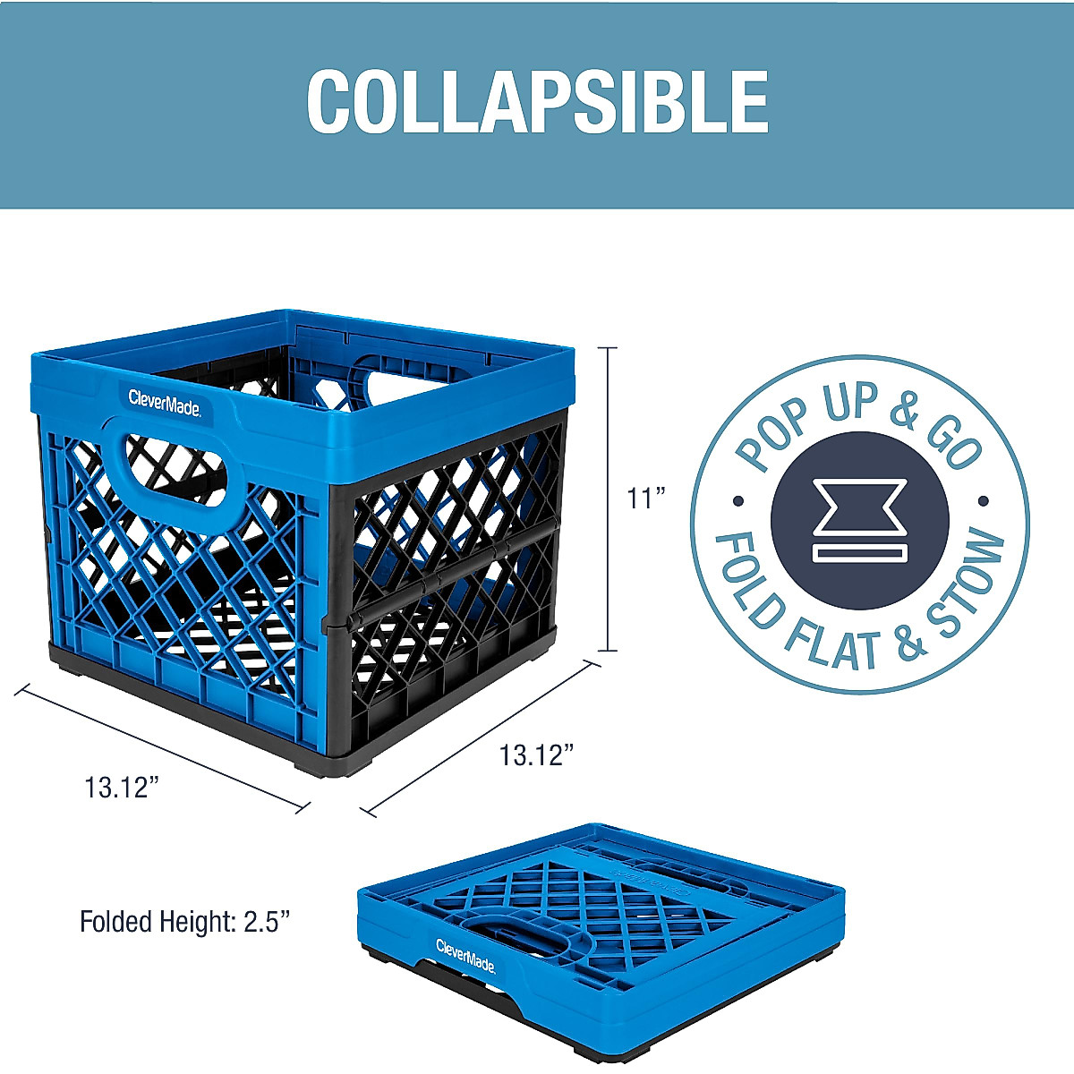 CleverMade Collapsible Milk Crate, Neptune Blue, 3PK - 25L (6 Gal) Stackable Storage Bins, Holds 50lbs Per Bin - Clevercrates are Heavy Duty, Plastic Collapsible Storage Crate for Multi Purposes