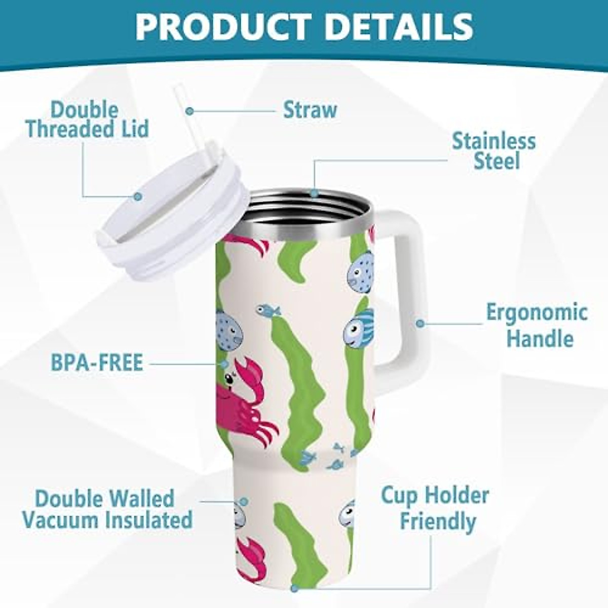 RPLIFE Cute Pink Crabs 40 Oz Tumbler with Handle and Straw, 30 Oz Tumbler, Tumbler for Men