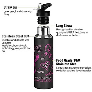 Oyihfvs Breast Cancer Awareness Pink Ribbons Sports Stainless Steel Water Bottle 33 Oz, with Straw Lid Vacuum Insulated Leakproof Thermo Flask, Great for Fitness Outdoor