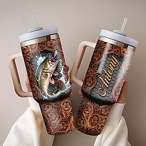 WAZONE Personalized Fishing 40oz Tumbler with Handle and Straw Lid Fish Custom Name Stainless Steel Tumblers Gifts Birthday Christmas Fathers Day for Fisherman Men Dad Boy Friend Husband Grandpa